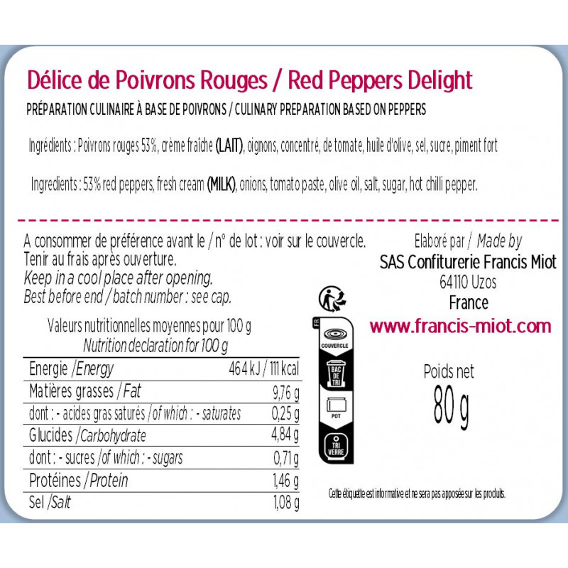 Delices de poivrons rouges 80g for sale | Francis Miot